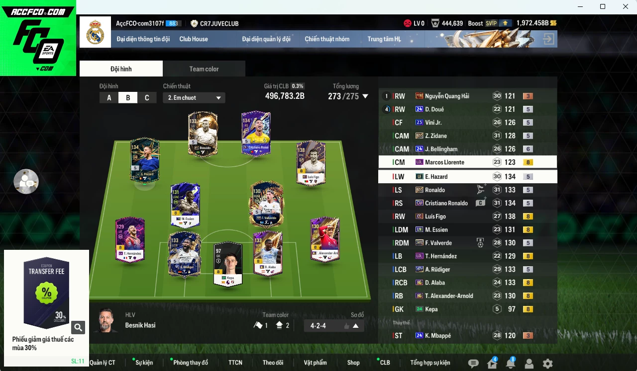 Acc #103849: [ACC Rẻ🔥] Real Madrid 496.780b có Figo CC, CR7 CU, Rudiger 25TY, Hazard LE, Ronaldo ...